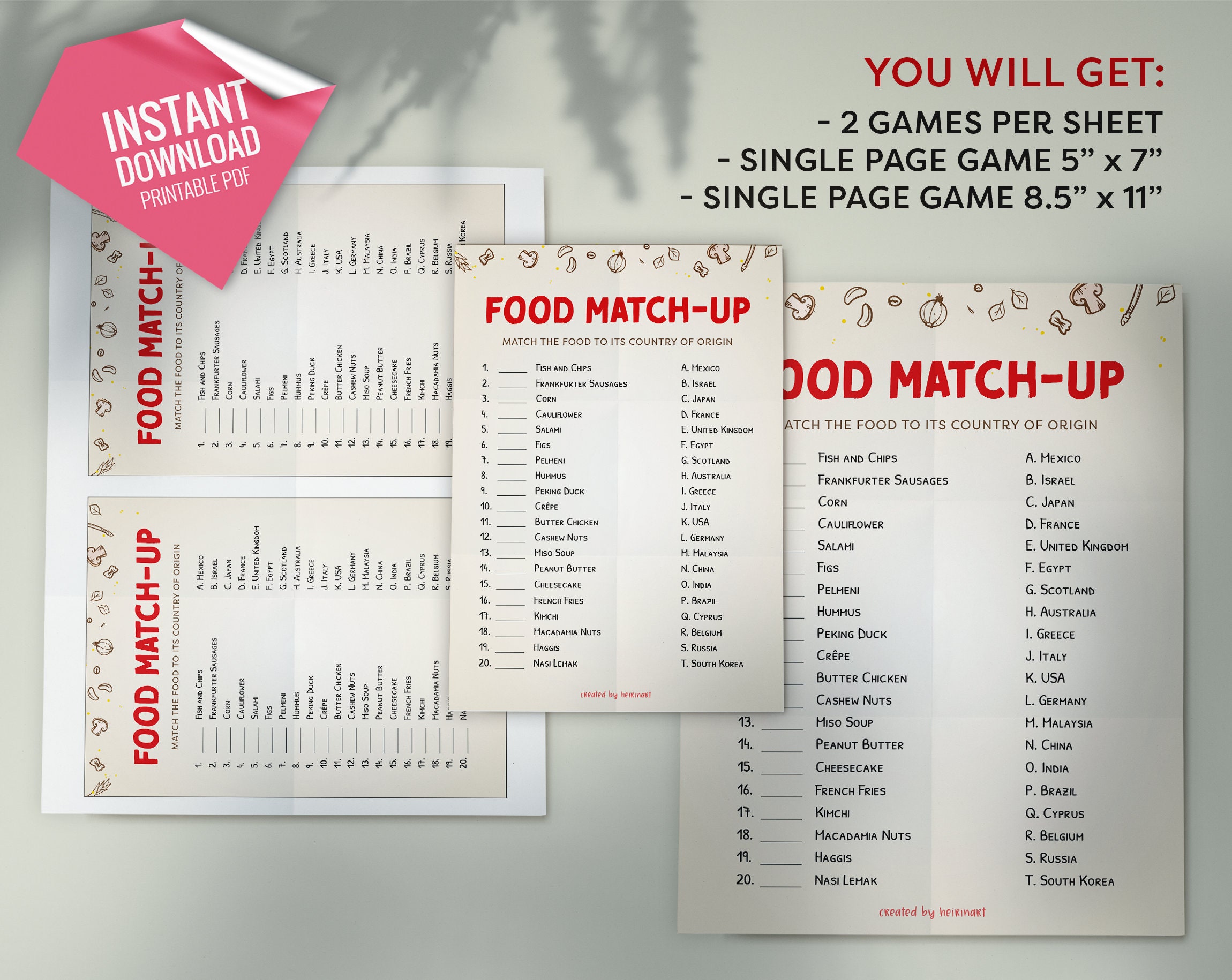 Food Match up Trivia Game, Printable Party Games, Party Game for Kids ...