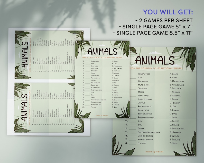 Animals Match up Trivia Game, Printable Party Games, Party Game for ...