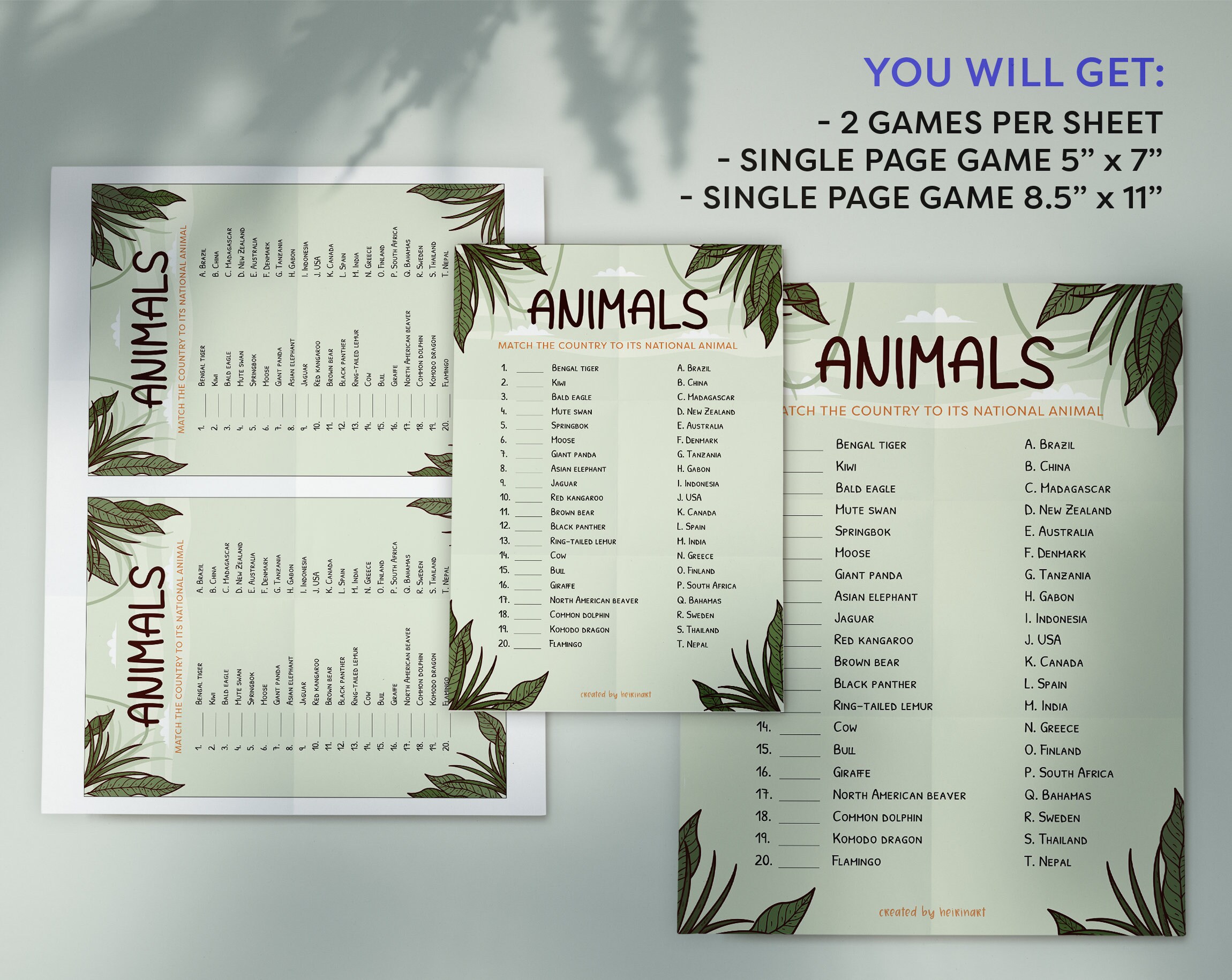 Animals Match up Trivia Game, Printable Party Games, Party Game for ...