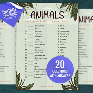 Animals Match up Trivia Game, Printable Party Games, Party Game for ...