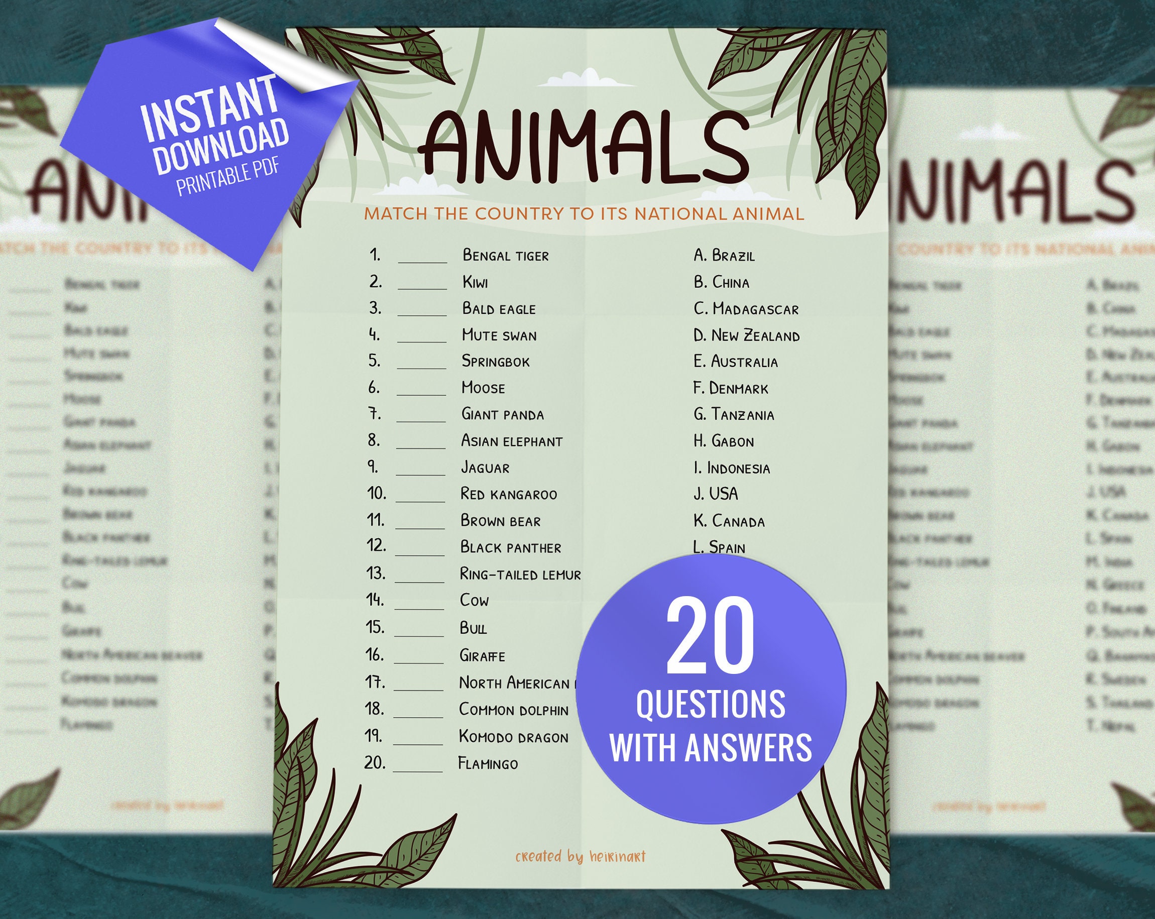 Animals Match up Trivia Game, Printable Party Games, Party Game for ...