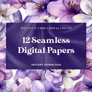 Purple Floral Digital Paper Watercolor Flowers Backgrounds Commercial ...
