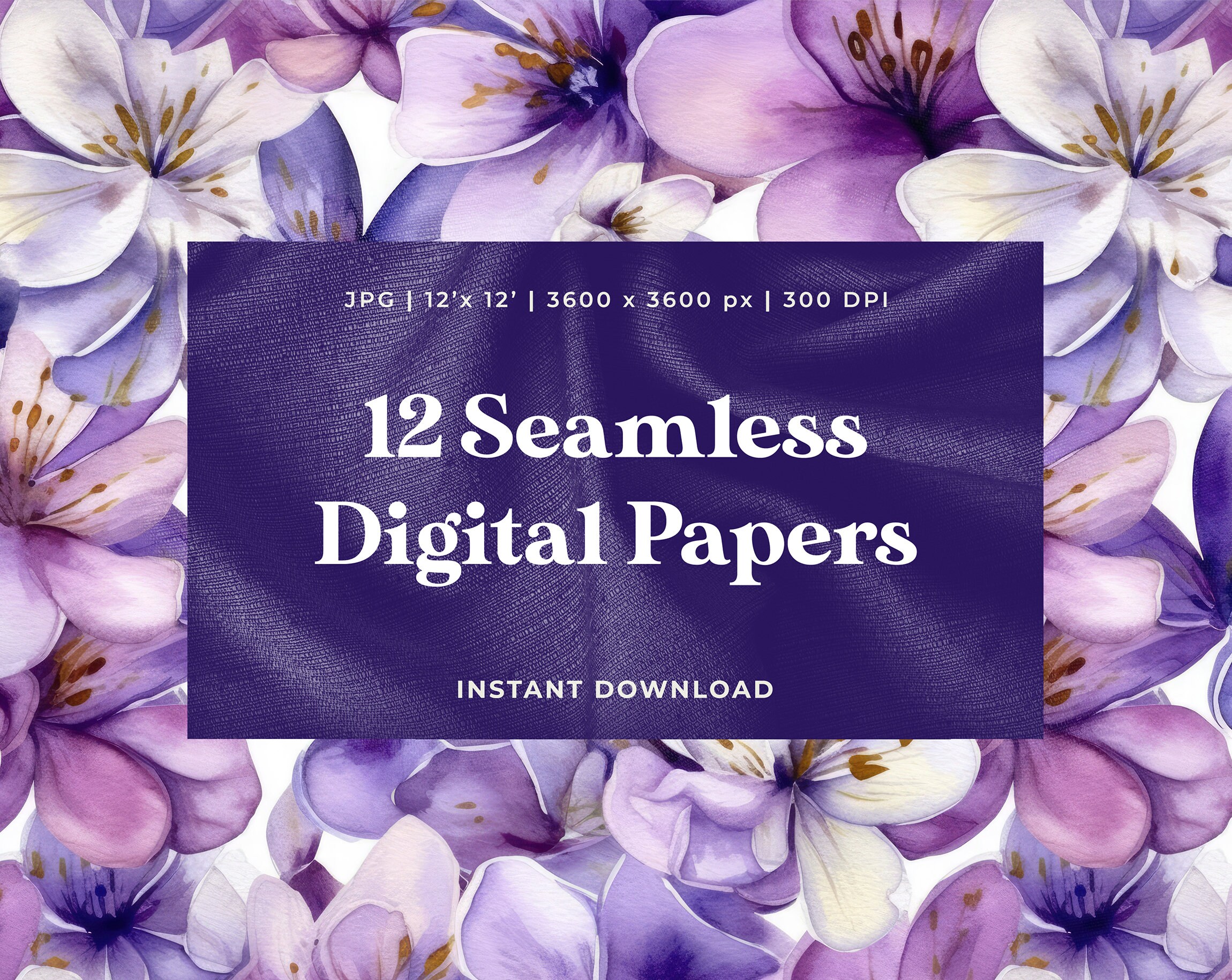 Purple Floral Digital Paper Watercolor Flowers Backgrounds Commercial ...