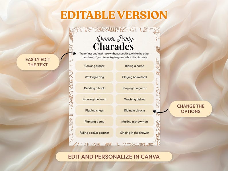 Charades Dinner Party Game, Printable & Editable Game, Icebreaker ...