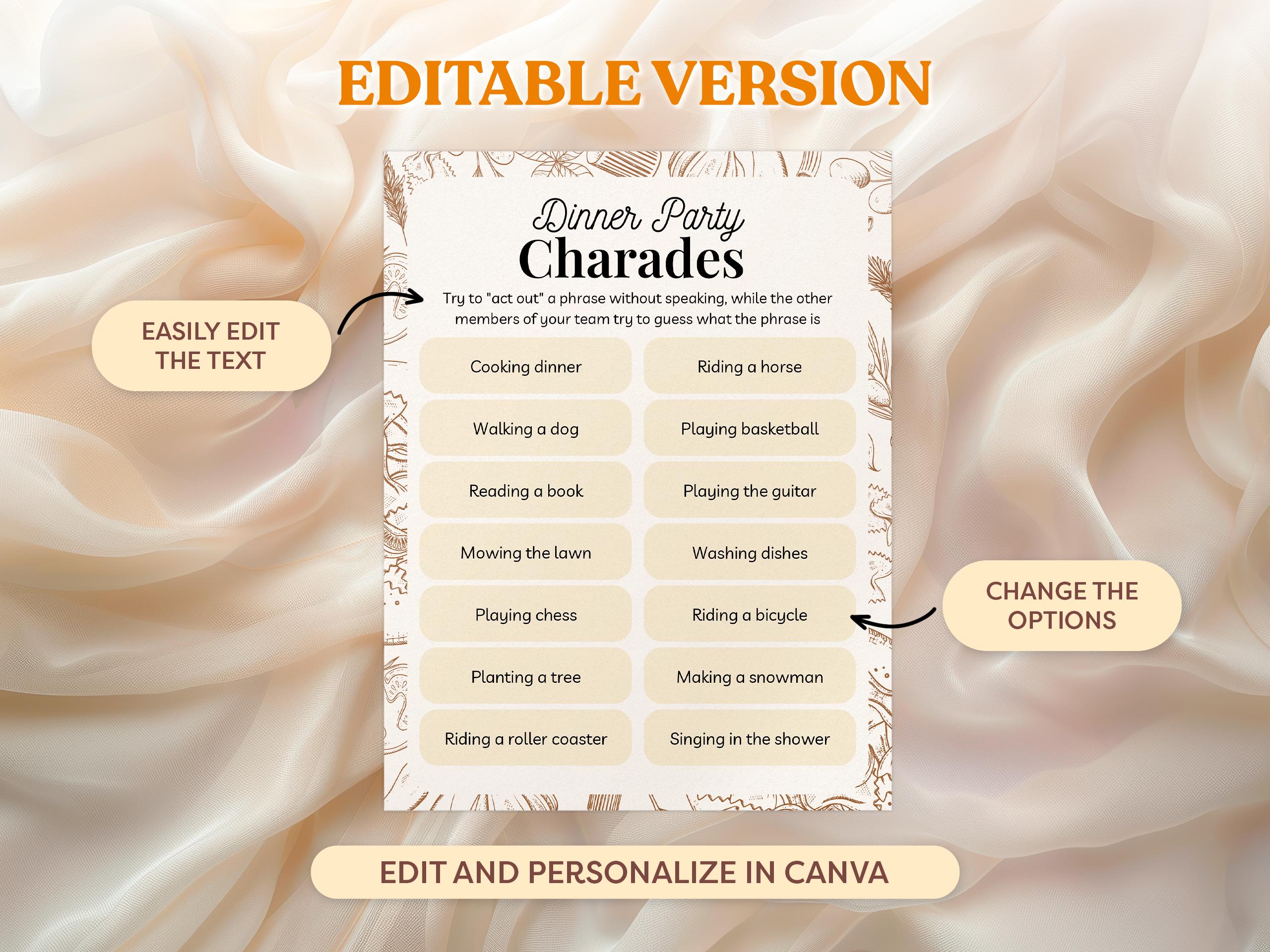 Charades Dinner Party Game, Printable & Editable Game, Icebreaker ...