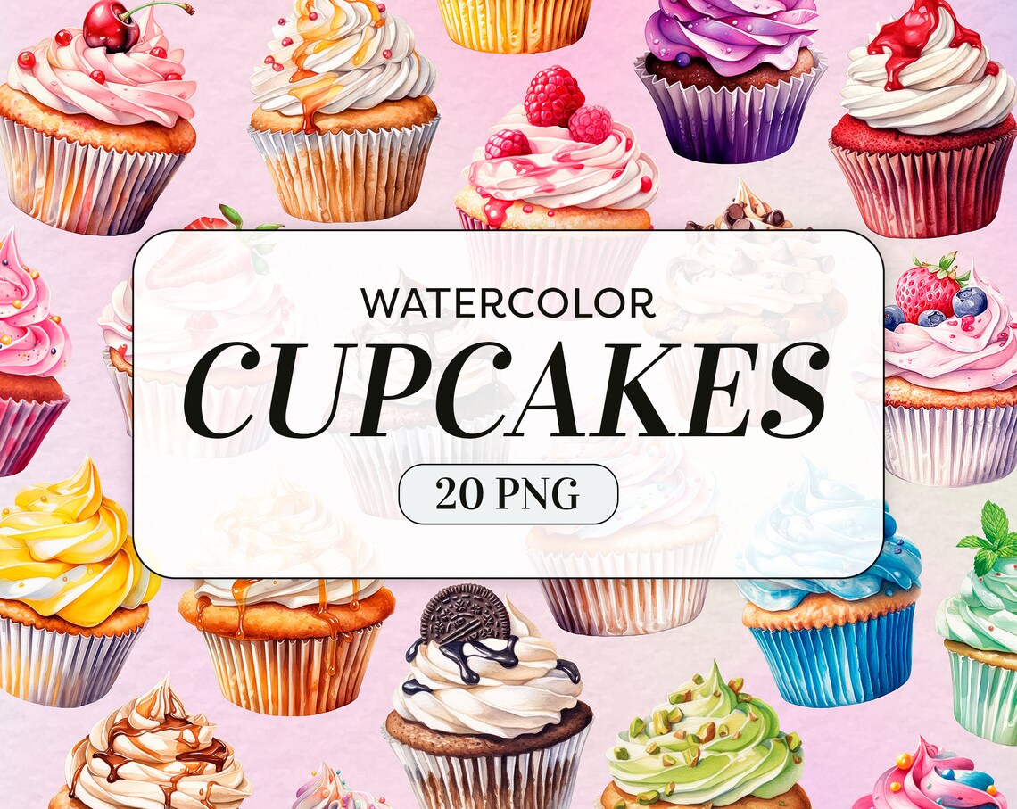 Watercolor Cupcakes Clipart Bakery Sweets PNG Commercial Use Dessert ...