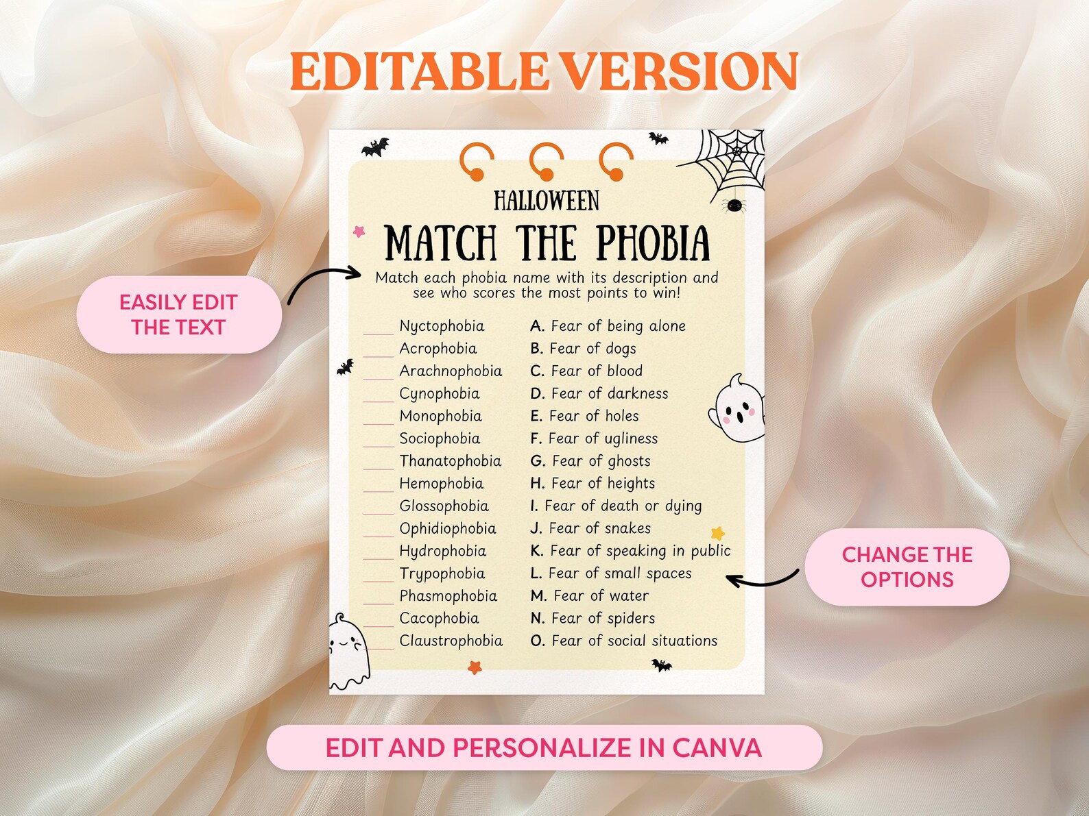 Match the Phobia Halloween Game, Printable & Editable Game, Fun Party ...