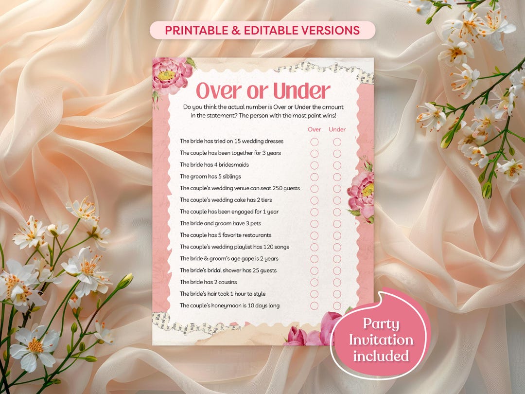 Over or Under Bachelorette Party Game, Printable & Editable Party Game ...