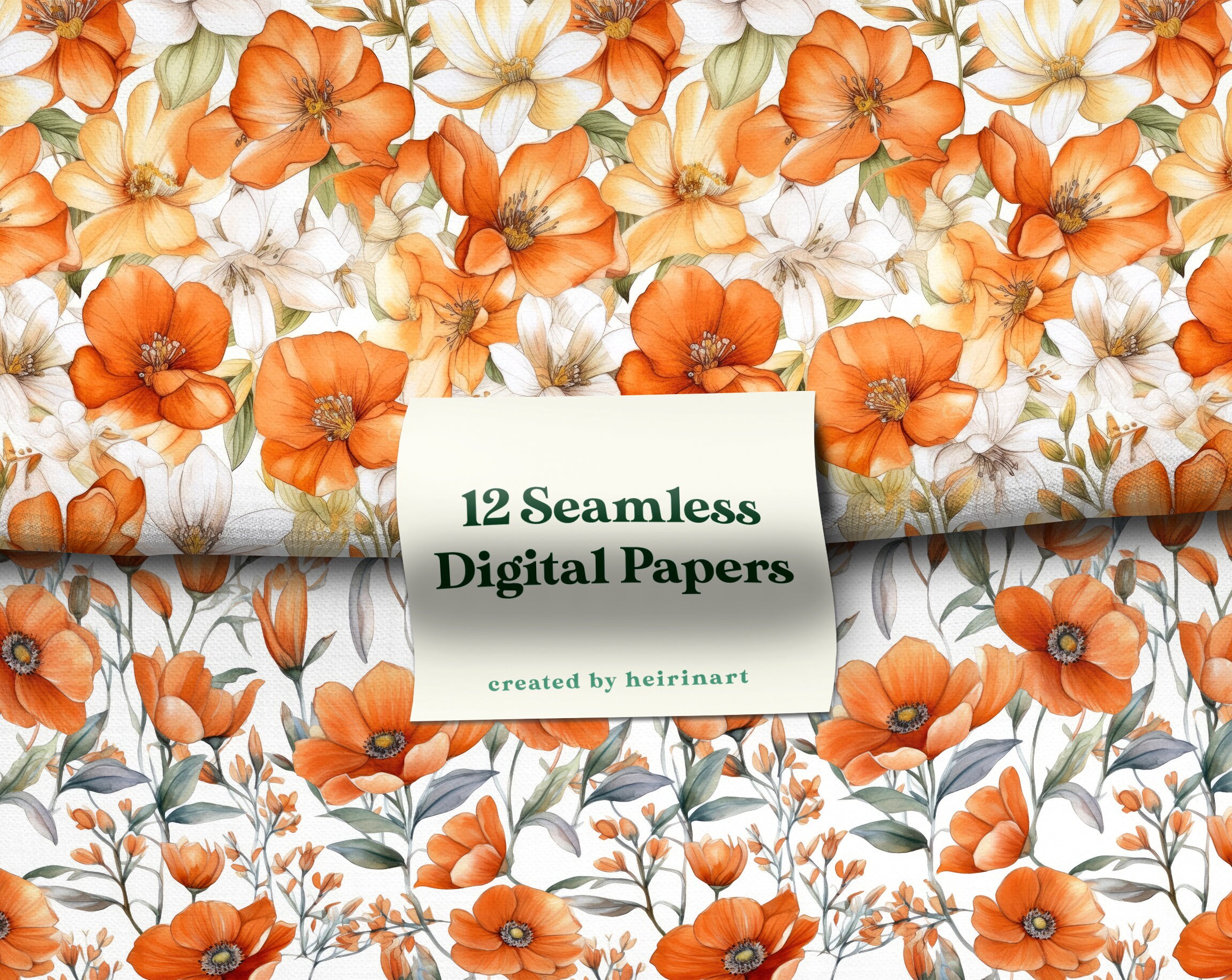 Orange Floral Digital Paper Watercolor Flowers Backgrounds Commercial ...