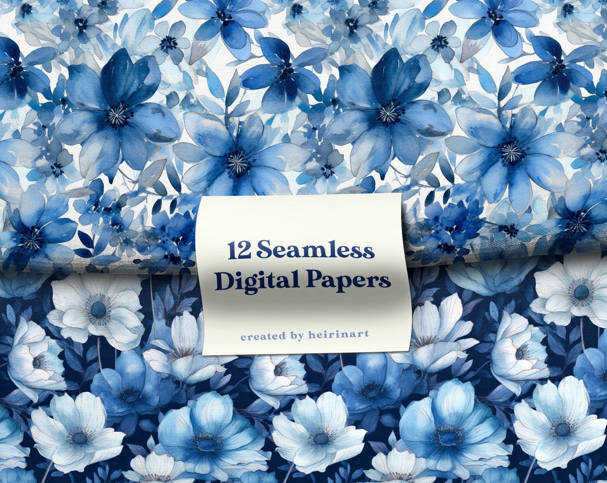 Blue Floral Digital Paper Watercolor Flowers Backgrounds Commercial Use ...