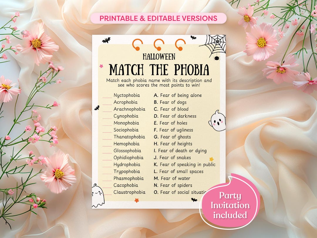 Match the Phobia Halloween Game, Printable & Editable Game, Fun Party ...