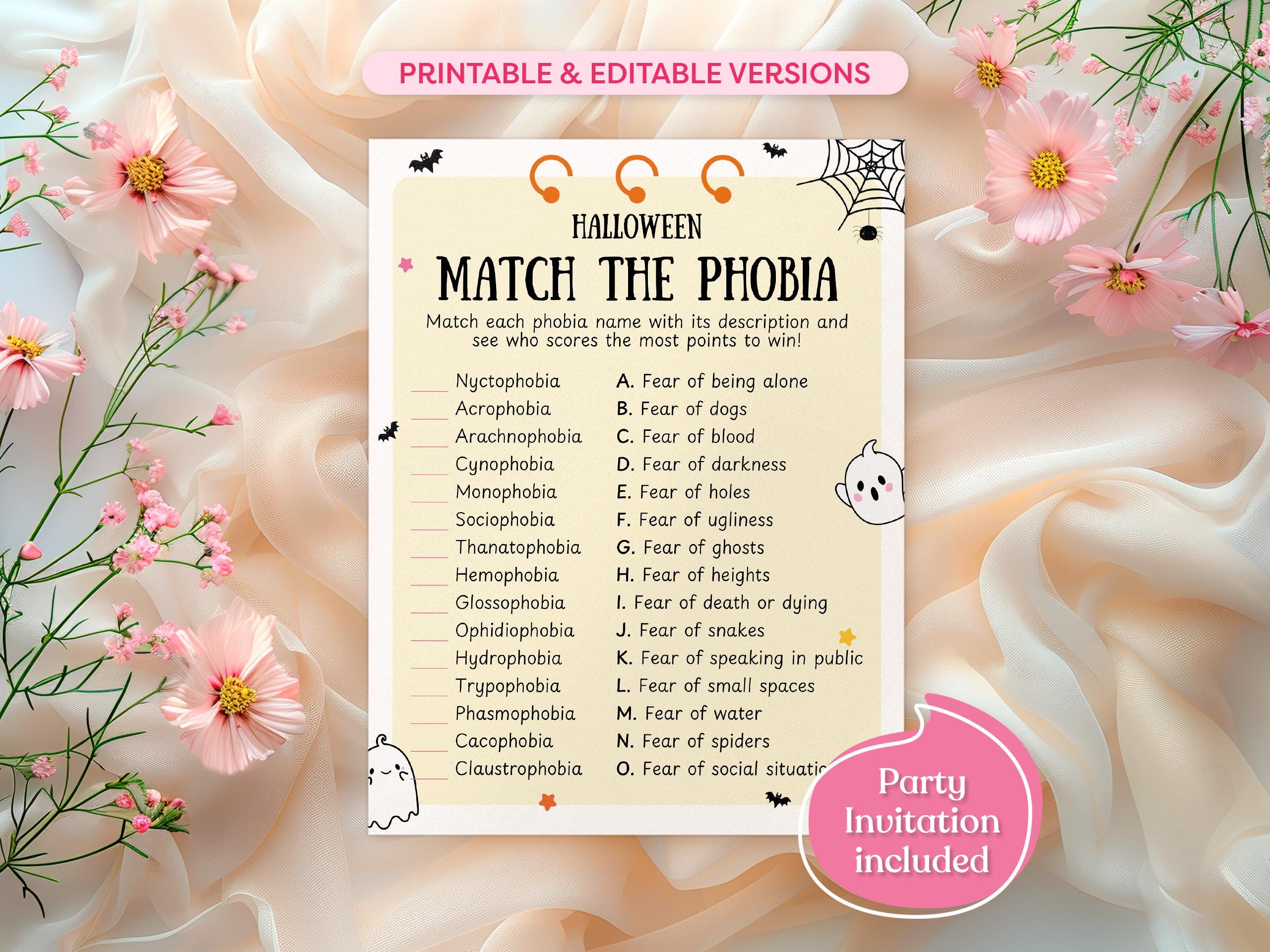 Match the Phobia Halloween Game, Printable & Editable Game, Fun Party ...