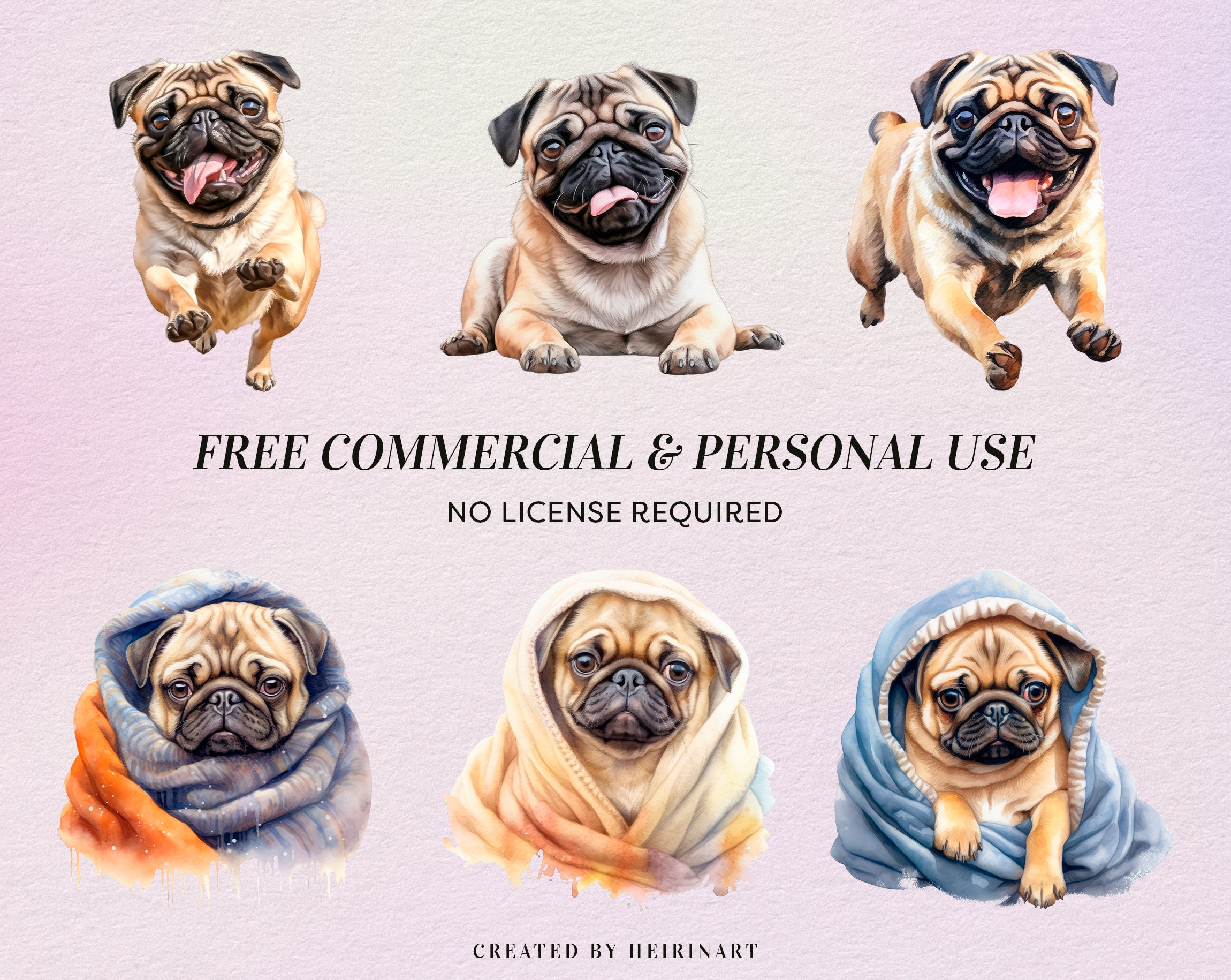 Watercolor Pug Clipart Pet Dog Portrait PNG Commercial Use Cute Dog ...