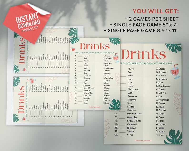 Drinks Match up Trivia Game Printable Party Games Party Game - Etsy