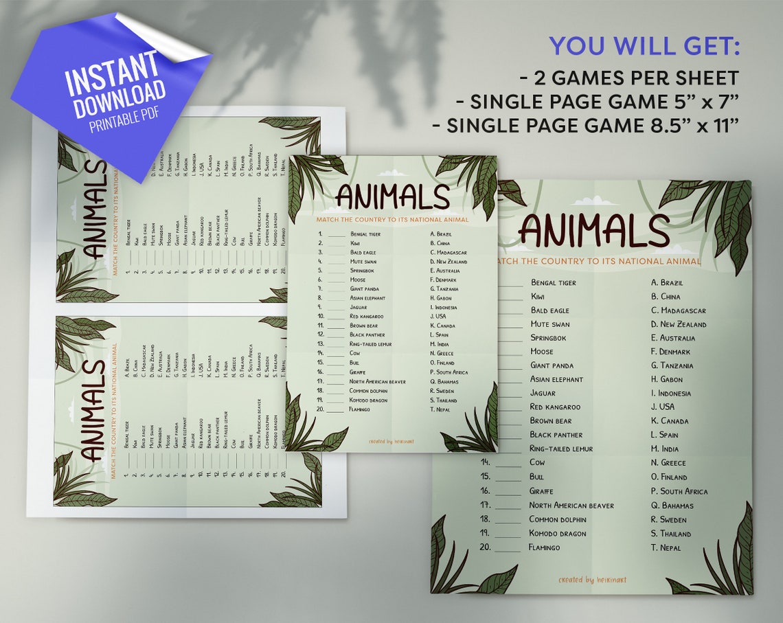 Animals Match up Trivia Game, Printable Party Games, Party Game for ...
