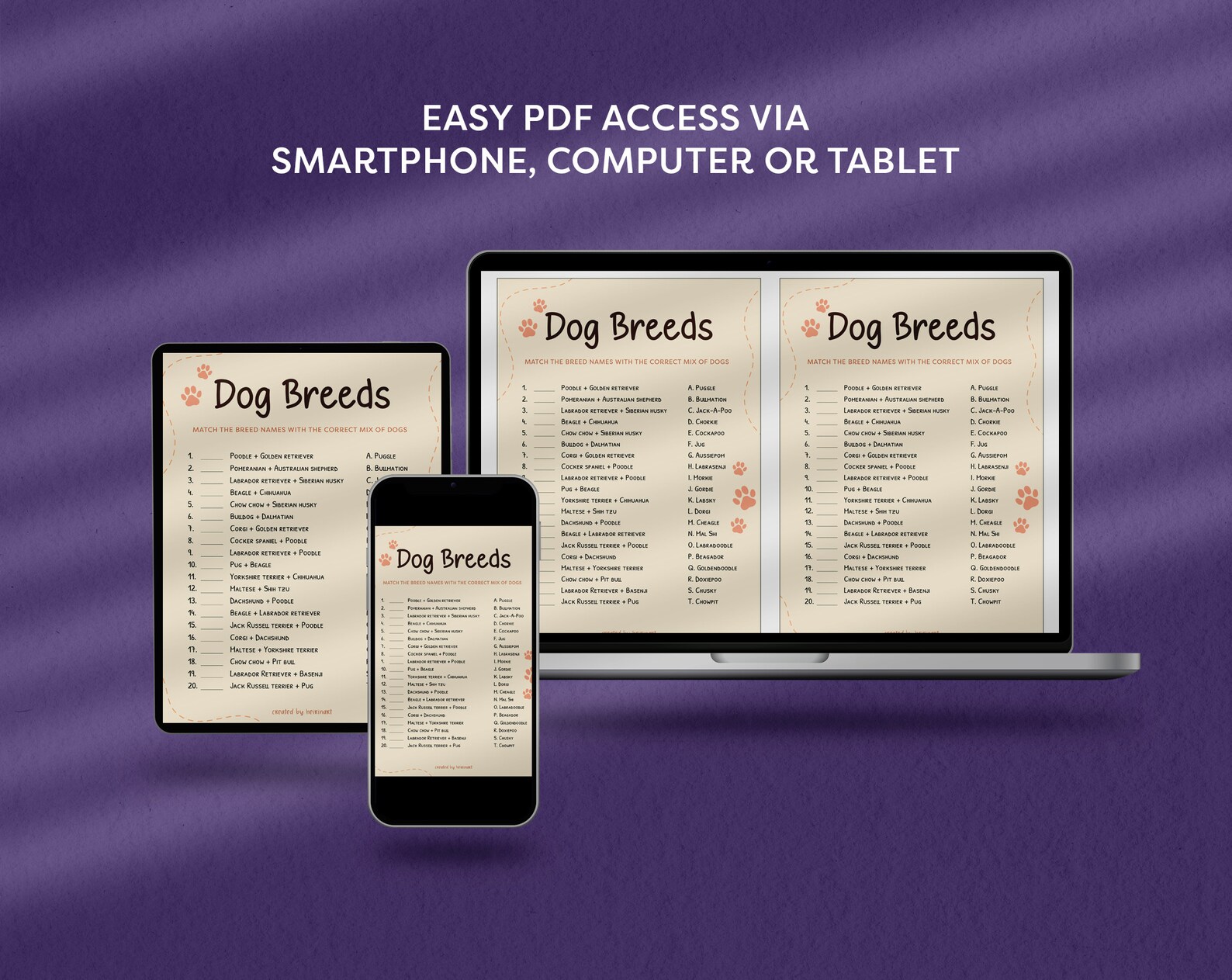 Dog Breeds Match up Trivia Game, Printable Party Games, Party Game for ...