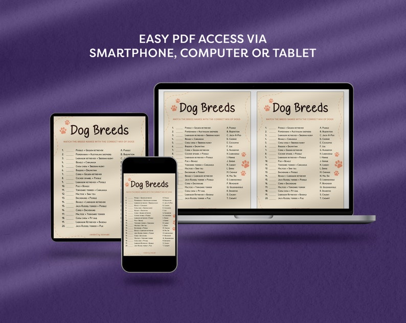 Dog Breeds Match up Trivia Game, Printable Party Games, Party Game for ...