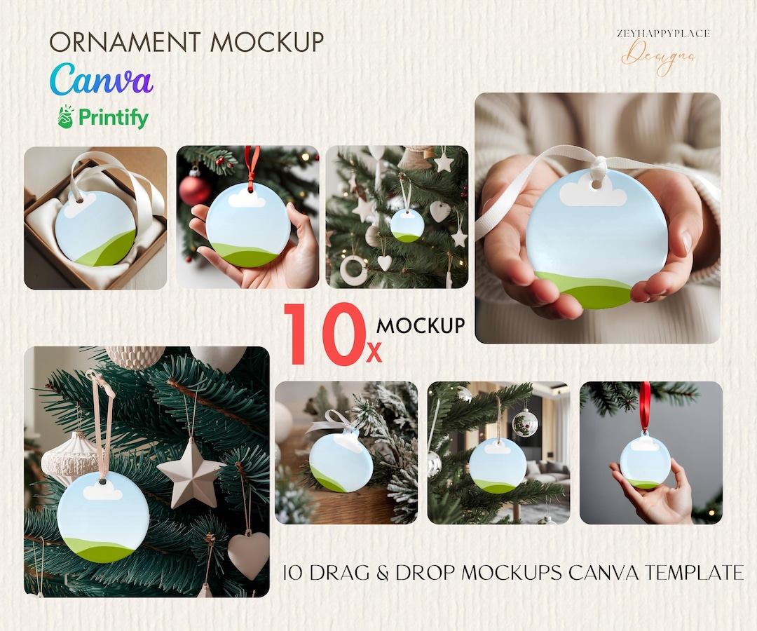 Ornament Mockup Canva Template, 10x Ceramic Circle Christmas Ornament ...
