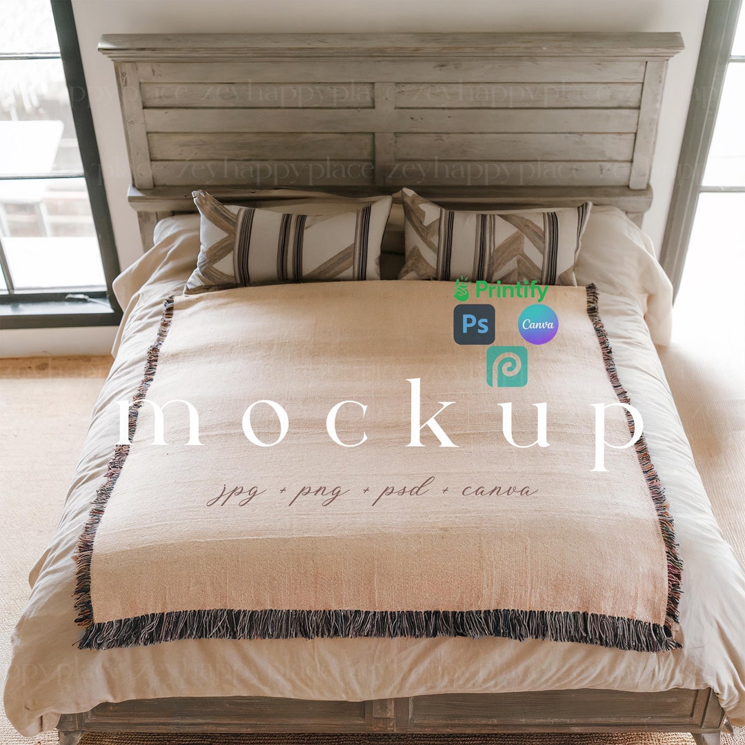 Woven Blanket Mockup With Black and White Fringe Woven Jacquard Fringe ...