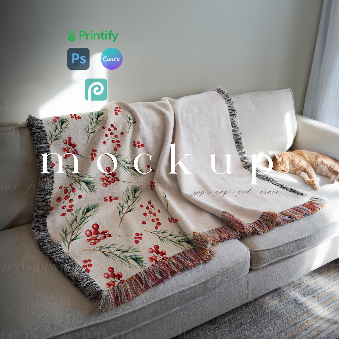 Woven Blanket Mockup With Black and White Fringe, Woven Jacquard Fringe Blanket Canva, Woven ...