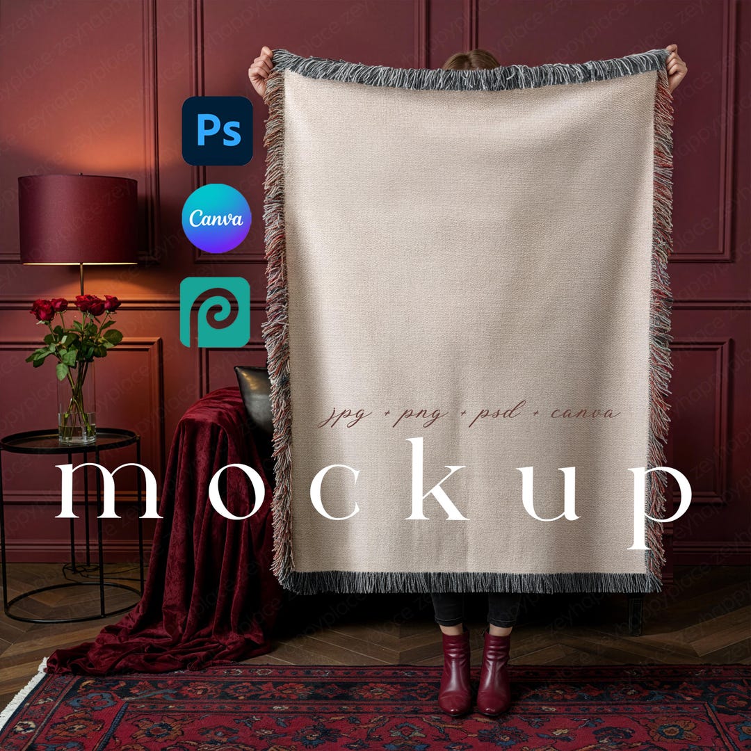 Dark Moody Woven Blanket Mockup, Printify Fringed Throw Blanket ...