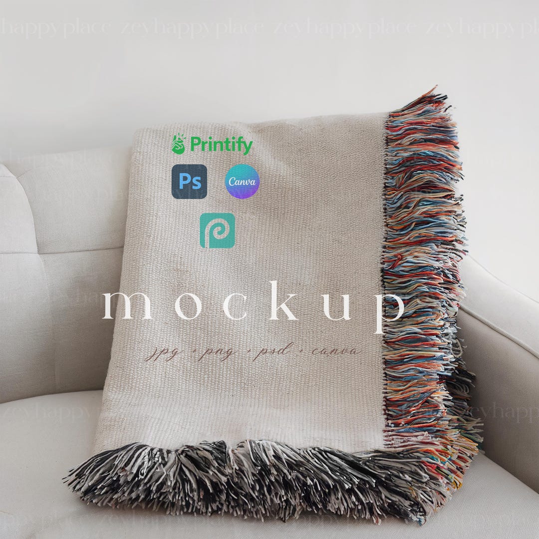 Woven Blanket Mockup With Black and White Fringe, Folded Woven Jacquard ...