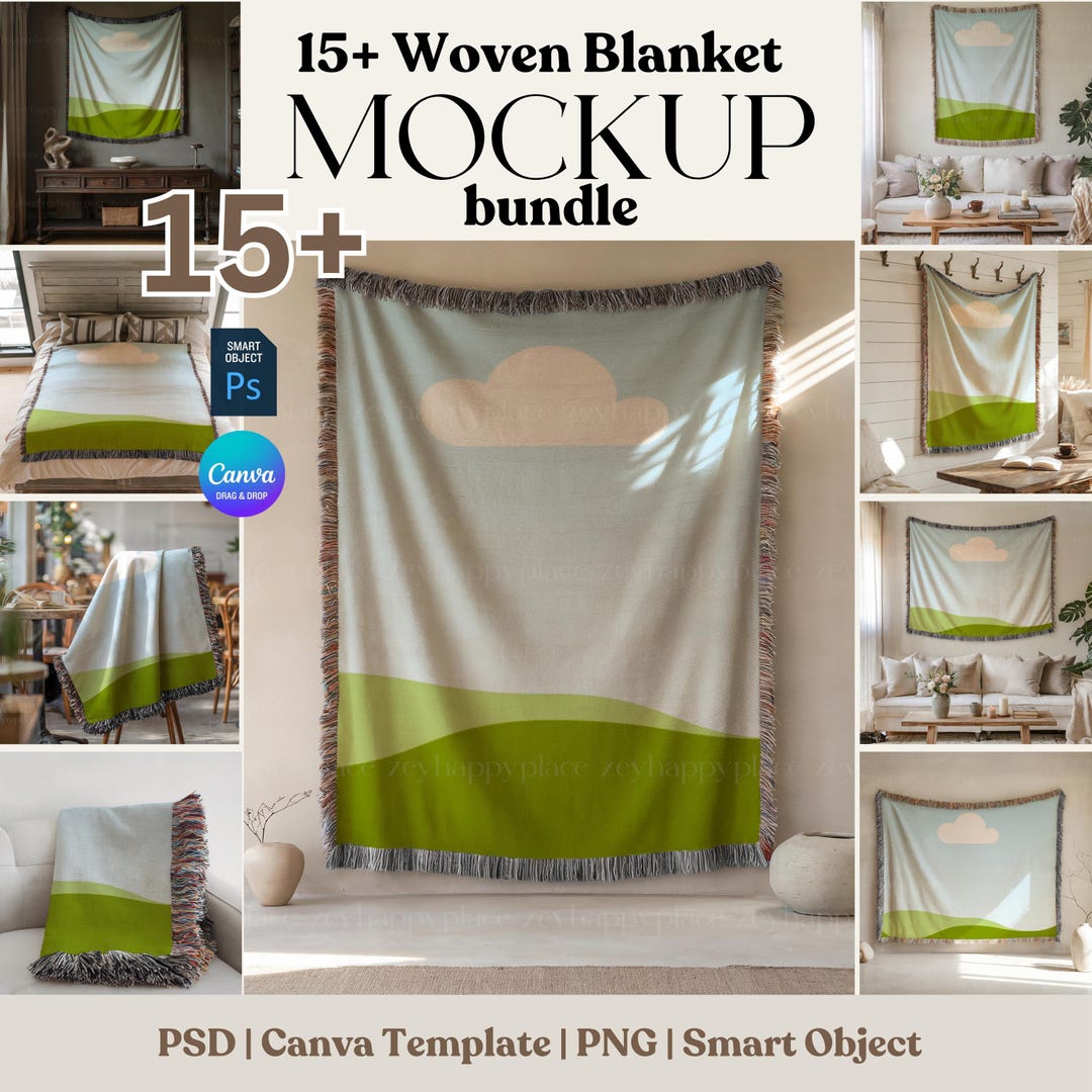 15+ Woven Blanket Mockup Bundle Canva Template 15+ Jacquard Fringed ...
