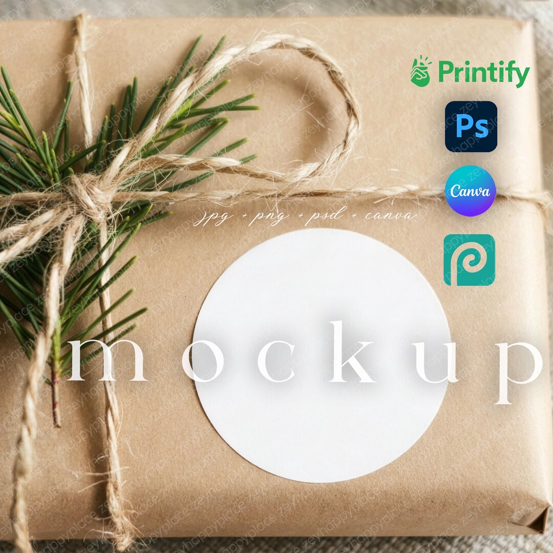 Christmas Round Sticker Mockup Canva Circle Gift Tag Mockup PSD Holiday ...