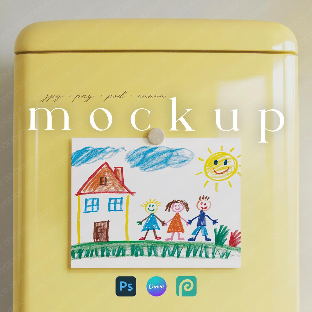 Landscape Paper Mockup on Refrigerator PSD Kids Drawing Pages on Fridge ...