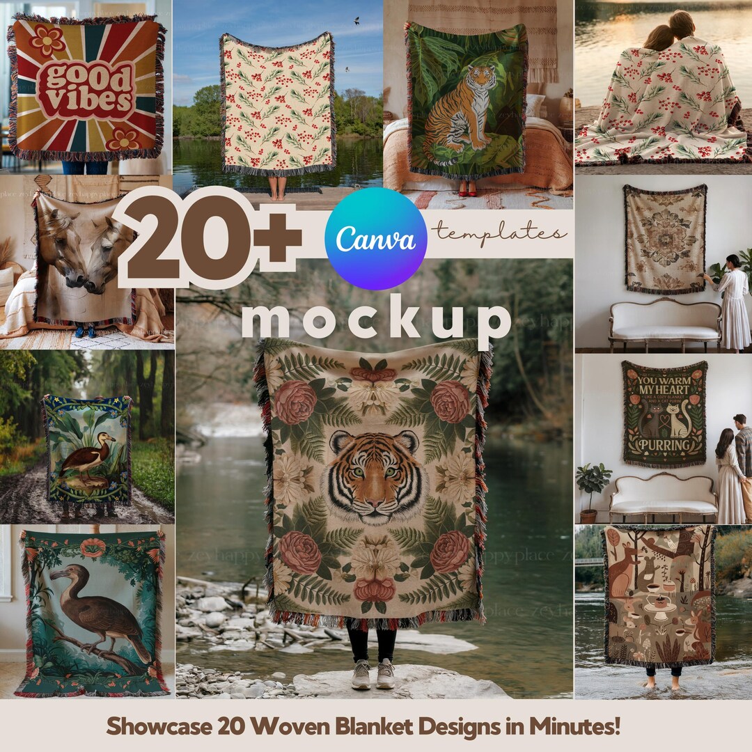 20+ Woven Blanket Mockup Canva Template Jacquard Fringed Woven Throw ...