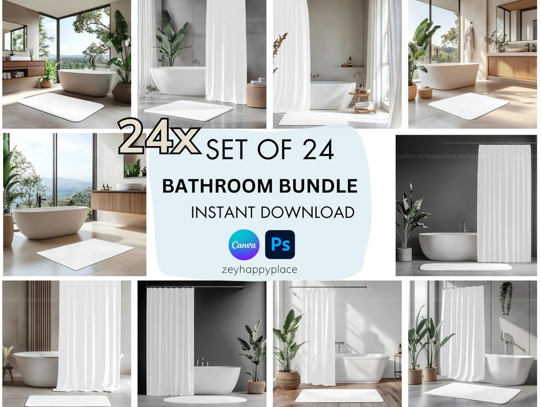 24x Shower Curtain Mockup Canvas, Shower Curtain Bathmat Mockups Bundle ...