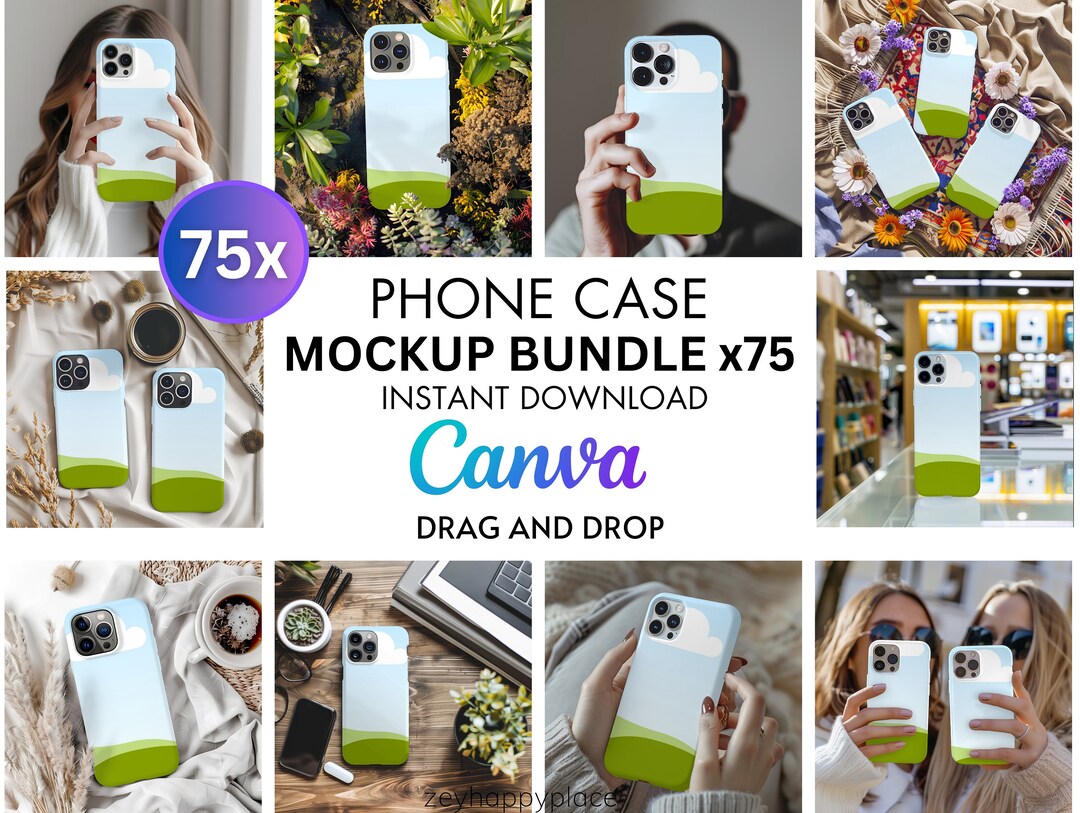 75x iPhone 15 Case Mockup Bundle for Canva, Editable Drag and Drop PNG ...