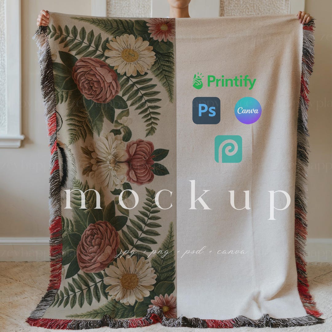 Woven Blanket Mockup Canva, Jacquard Fringed Woven Throw Blanket Mockup ...
