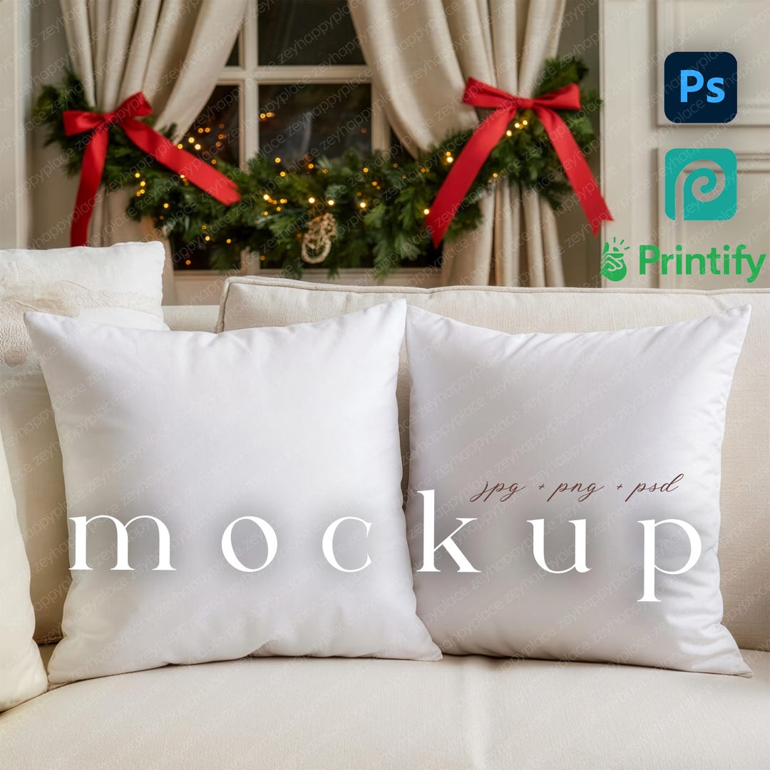 Double Pillow Mockup Christmas Square Linen Cushion Cover Mockup ...