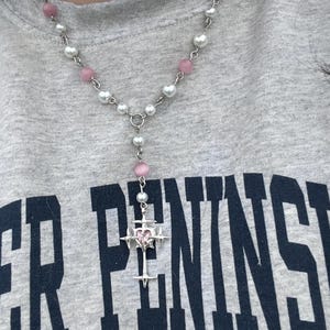Pink Beaded Rosary / Pink Cross Necklace / Cross Necklace / - Etsy