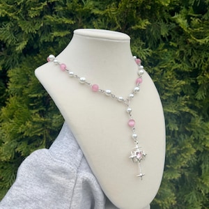 Pink Beaded Rosary / Pink Cross Necklace / Cross Necklace / - Etsy
