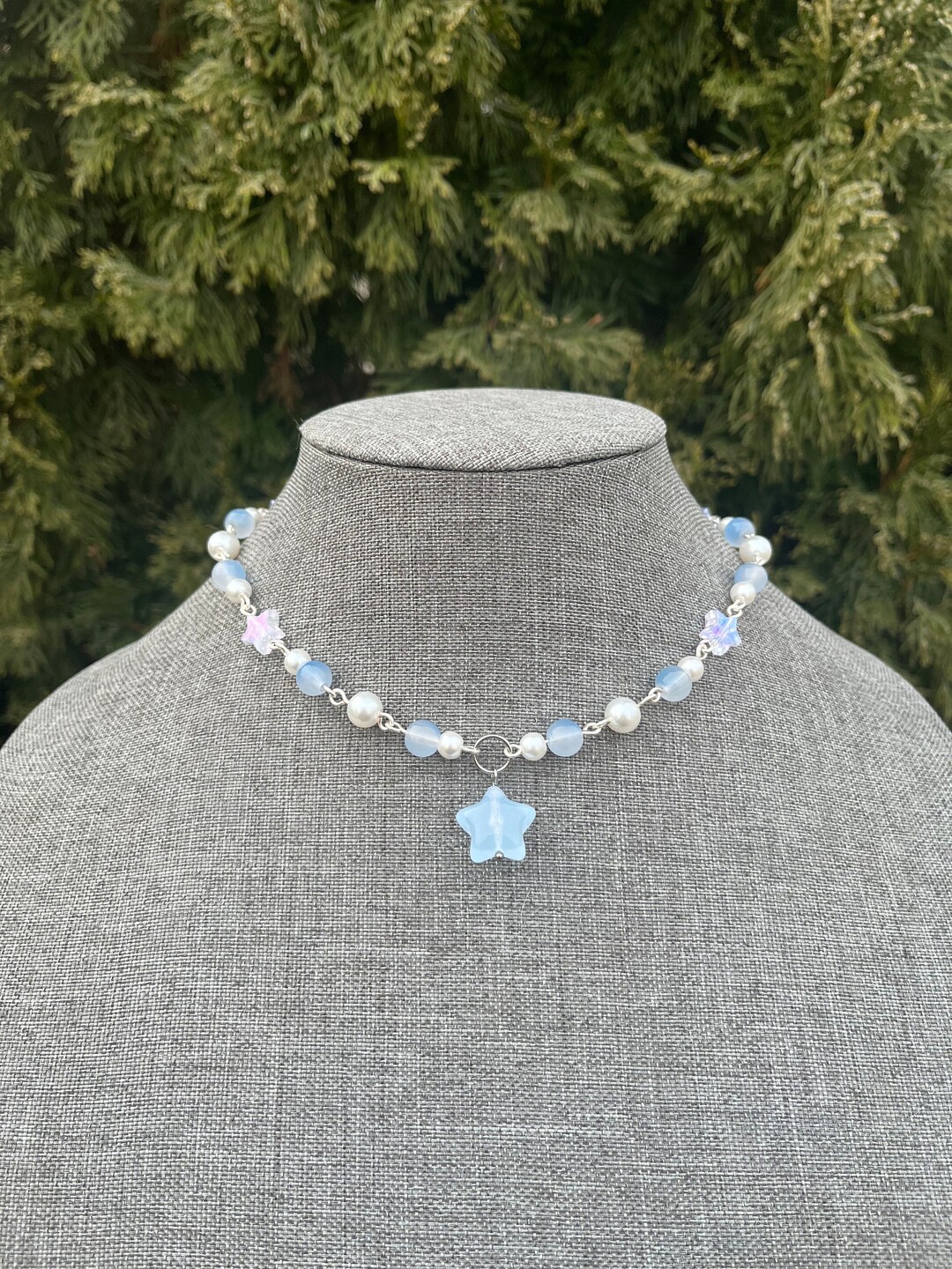 Blue Star Necklace/ Puffy Star Necklace/ Blue Beaded Choker/ Fake Pearl ...