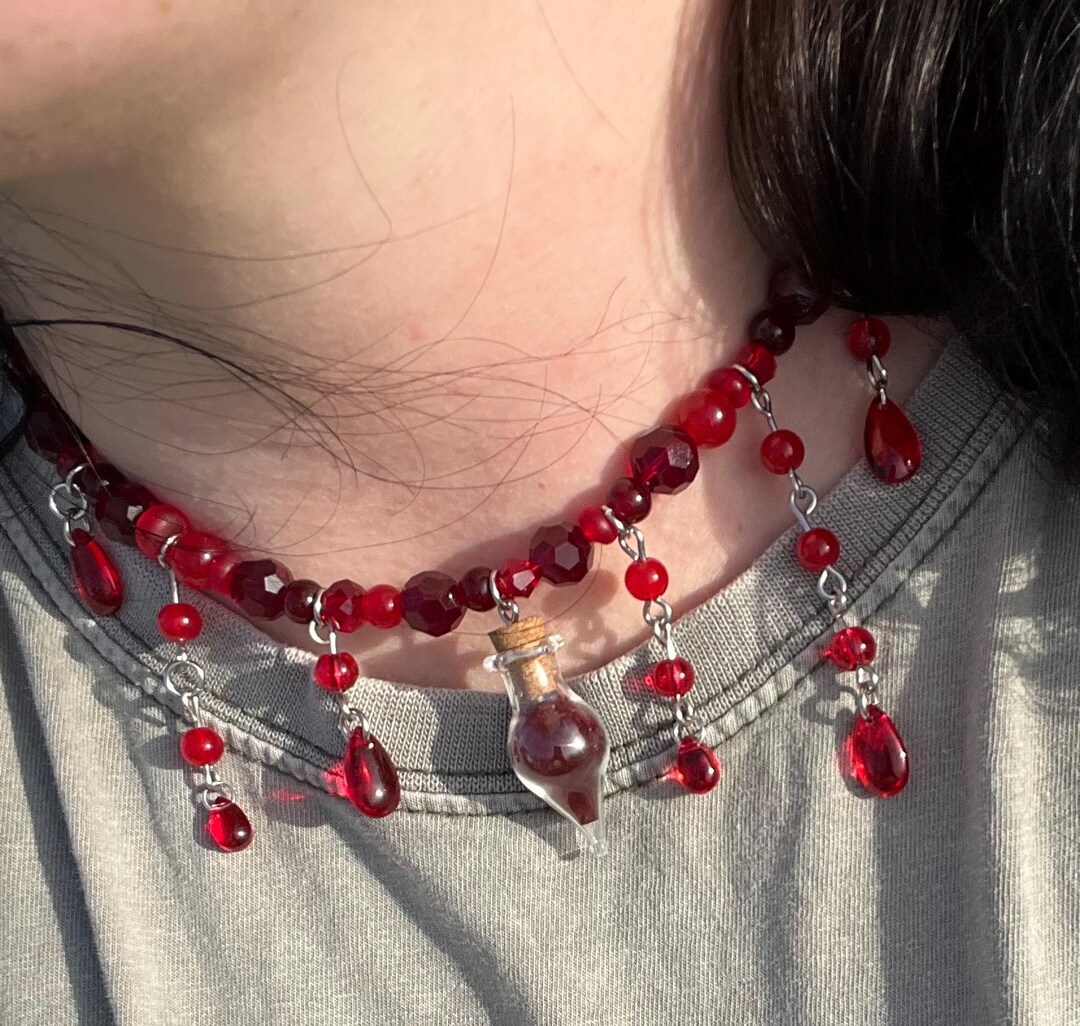 Blood Vial Necklace/blood Drip Necklace/ Red Beaded Necklace/ Red ...