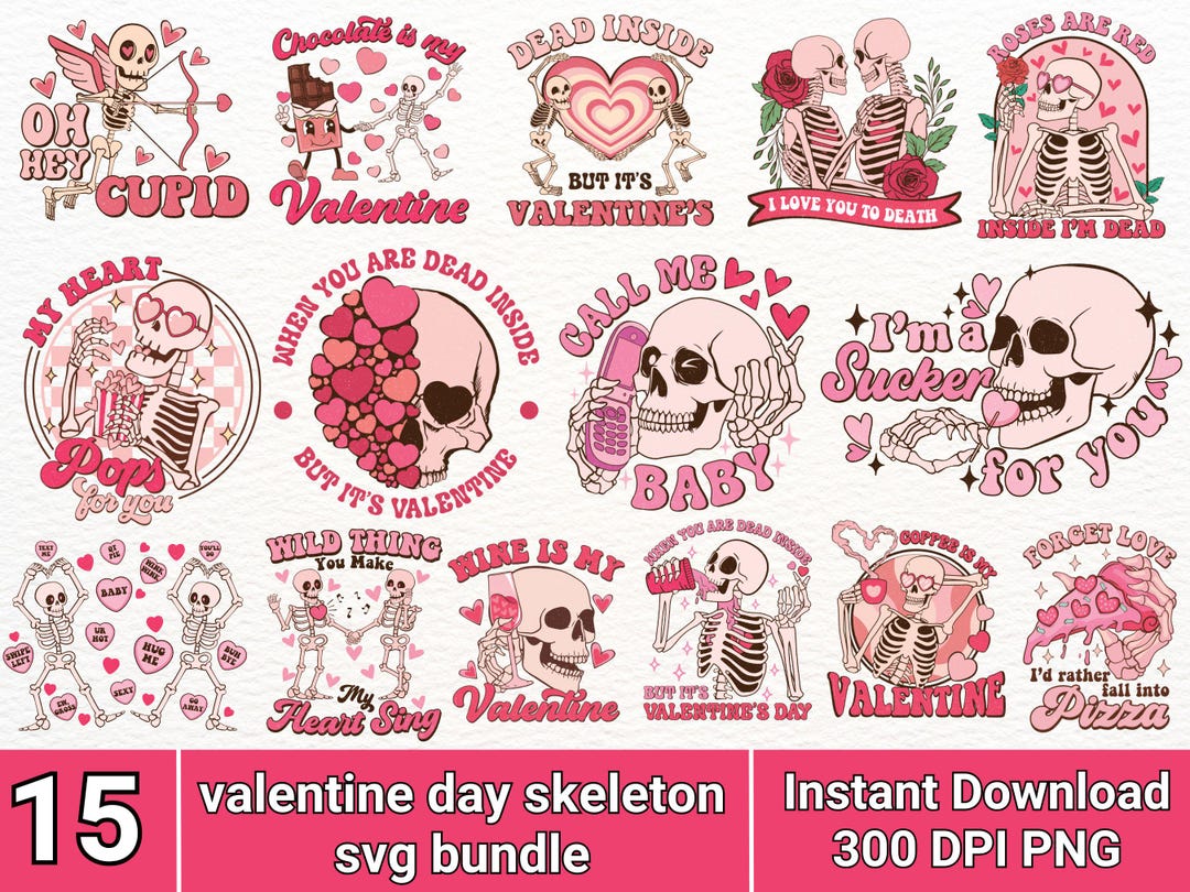 Valentine's Day Skeleton PNG Bundle, Cute Skeleton Couple Clipart, Love ...