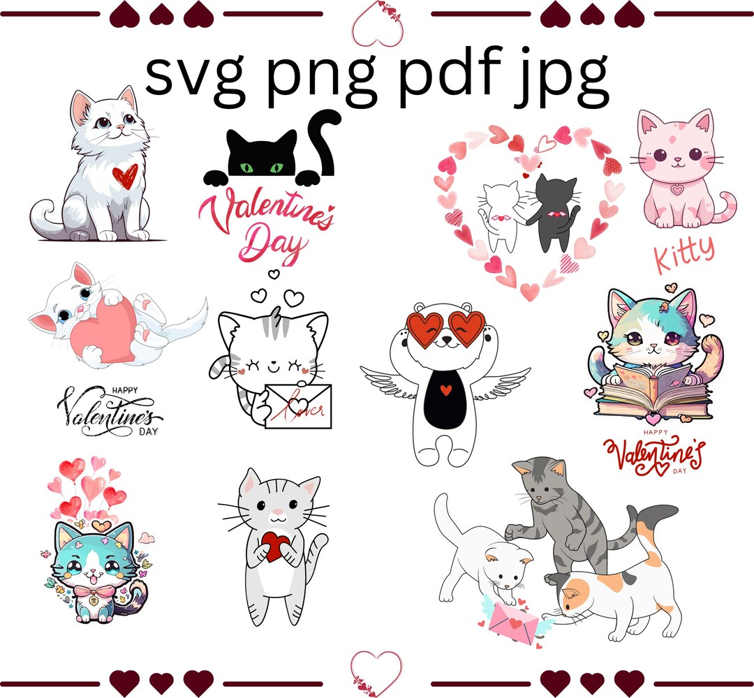 Valentine's Day Kitty SVG Bundle, Cute Cat SVG Designs, Love-themed Cat ...
