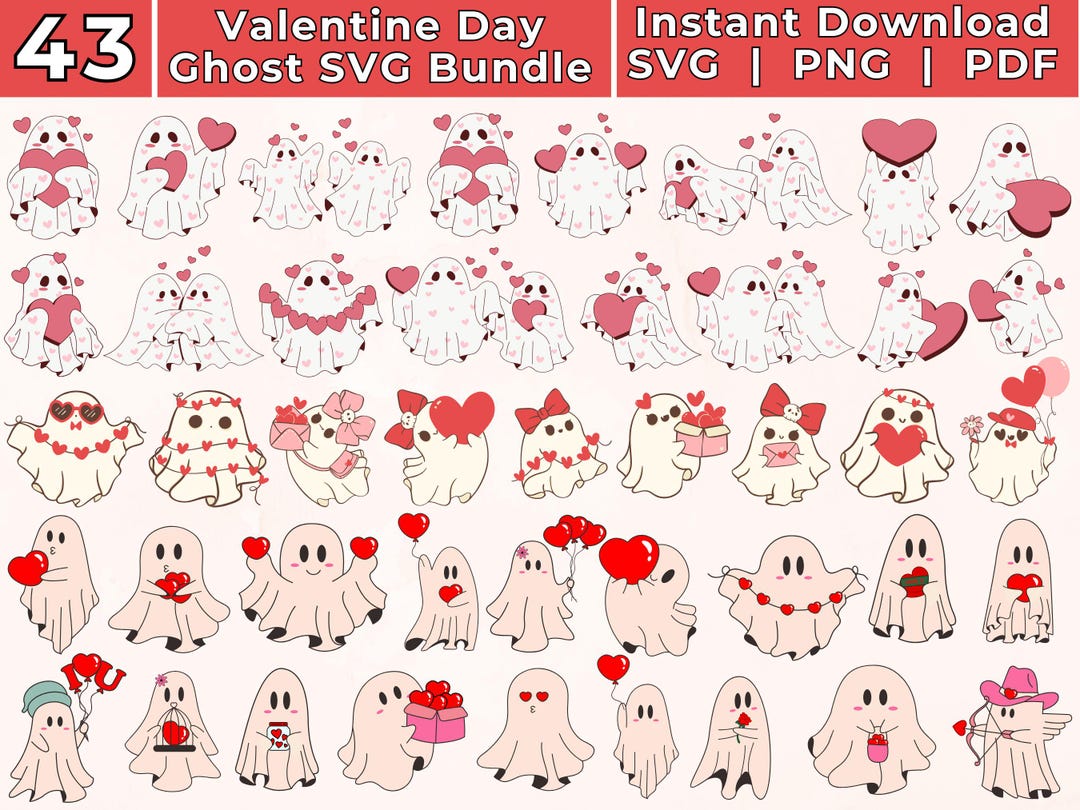 Valentine Ghost SVG Bundle, Cute Ghost Valentines Day SVG, Ghost Love ...