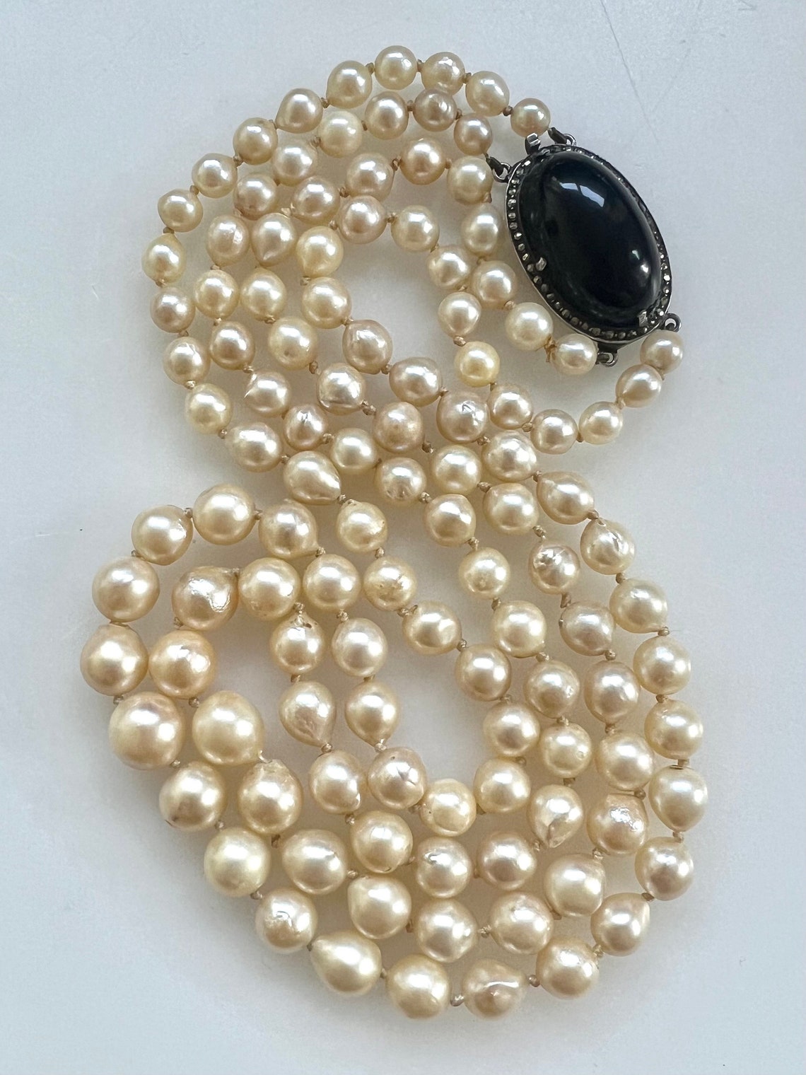 Stunning Antique Sterling Silver & 9 Ct Gold Black Chalcedony Clasp Double Strand Twin Row ...