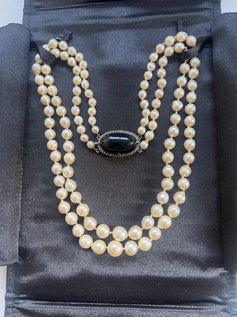 Stunning Antique Sterling Silver & 9 Ct Gold Black Chalcedony Clasp Double Strand Twin Row ...