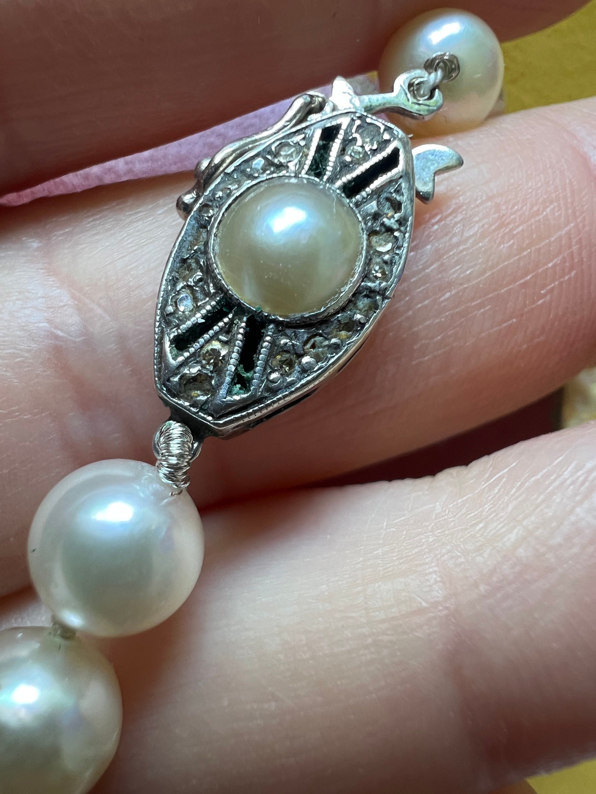 Antique Victorian Sterling Silver & Old Cut Diamond Fancy Clasp Saltwater Sea Water Akoya ...