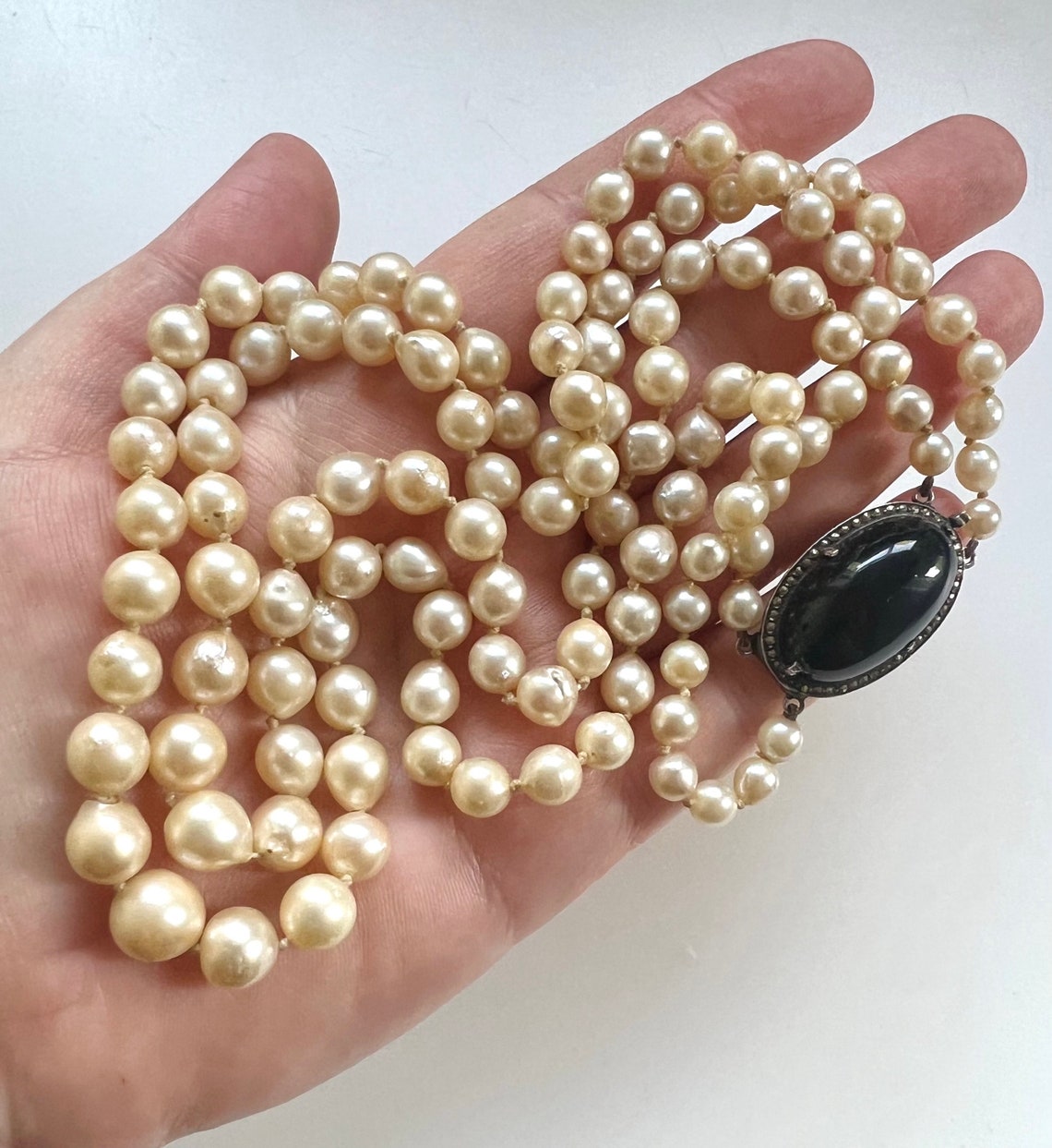 Stunning Antique Sterling Silver & 9 Ct Gold Black Chalcedony Clasp Double Strand Twin Row ...