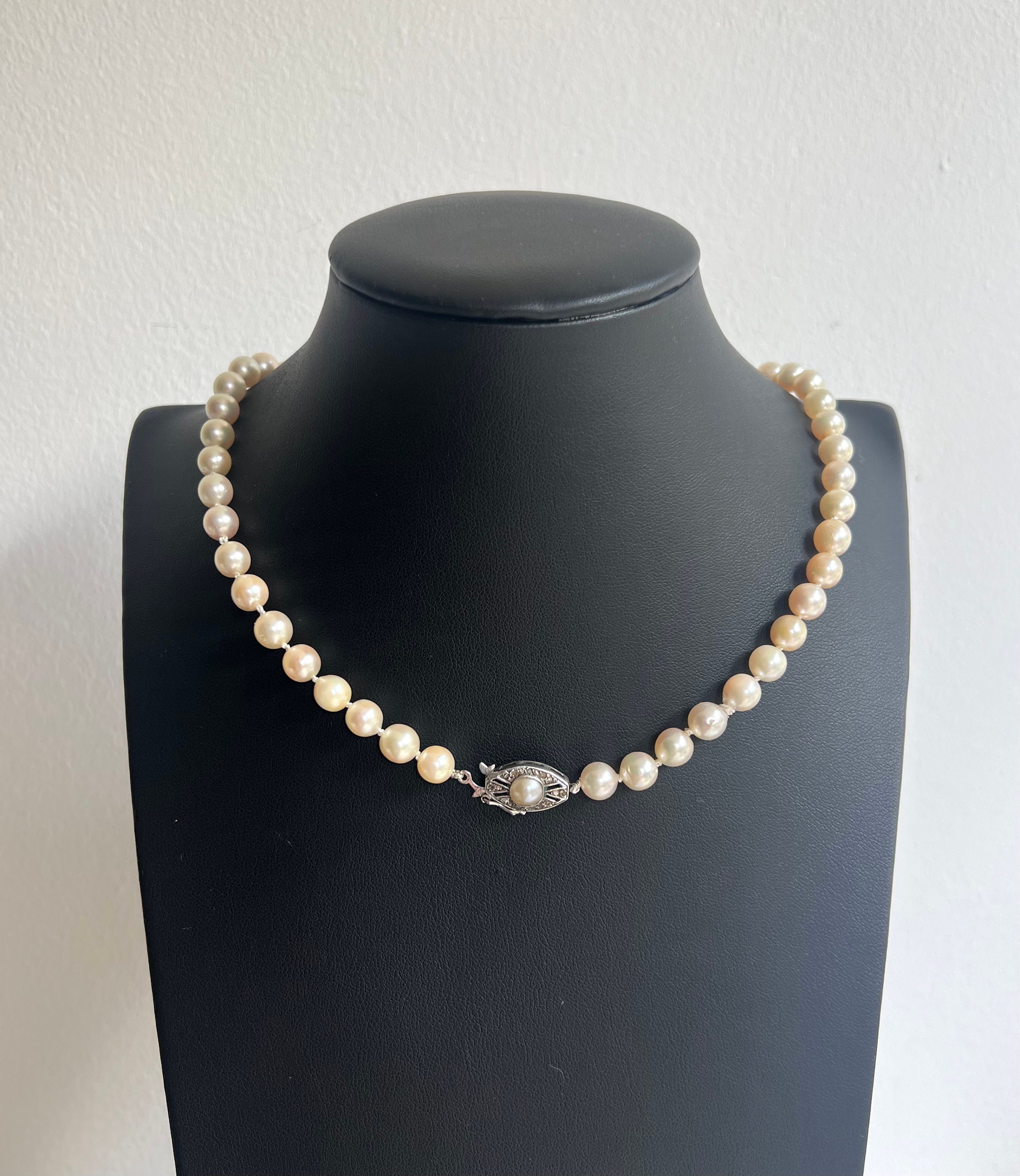 Antique Victorian Sterling Silver & Old Cut Diamond Fancy Clasp Saltwater Sea Water Akoya ...