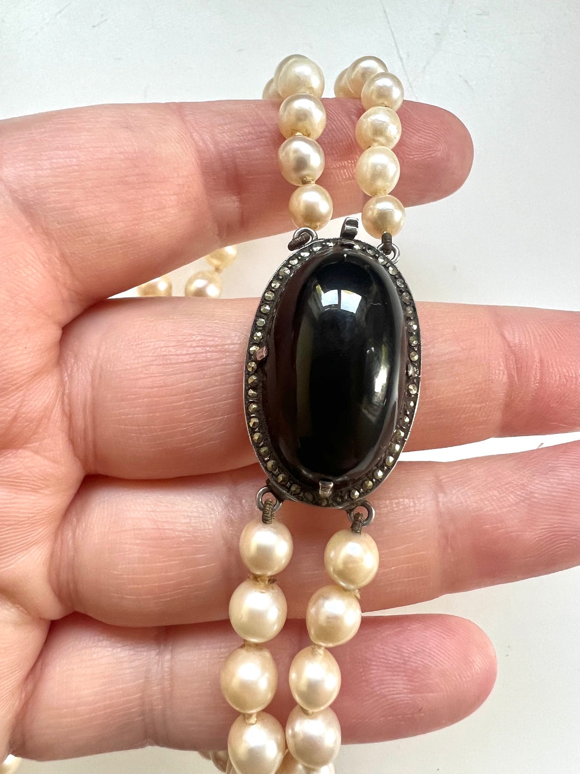 Stunning Antique Sterling Silver & 9 Ct Gold Black Chalcedony Clasp Double Strand Twin Row ...