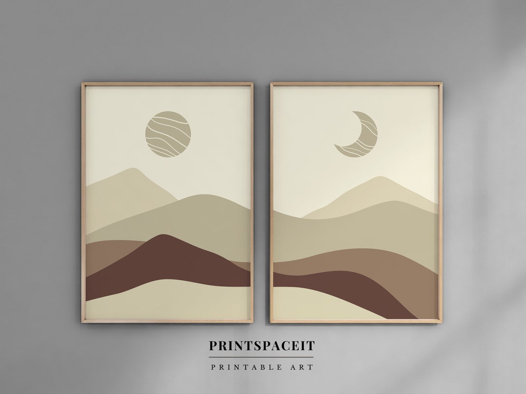 Boho druckbare Wandkunst, abstrakte Sonne und Mond, 2er-Set Drucke, Mid Century Modern Wandkunst ...