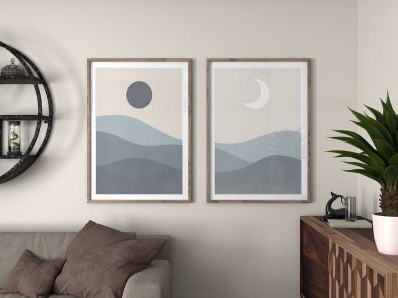 Boho Sun and Moon Print Set of 2, Abstract Landscape, Blue Printable, Mid Century Modern Minimal ...