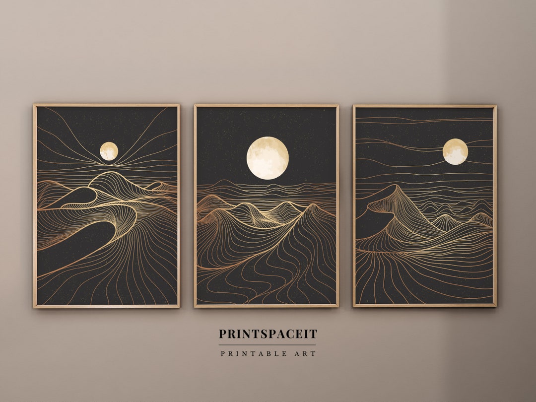 Abstract Mountain Art Prints: Black Gold Minimalist Set of 3 (digital ...